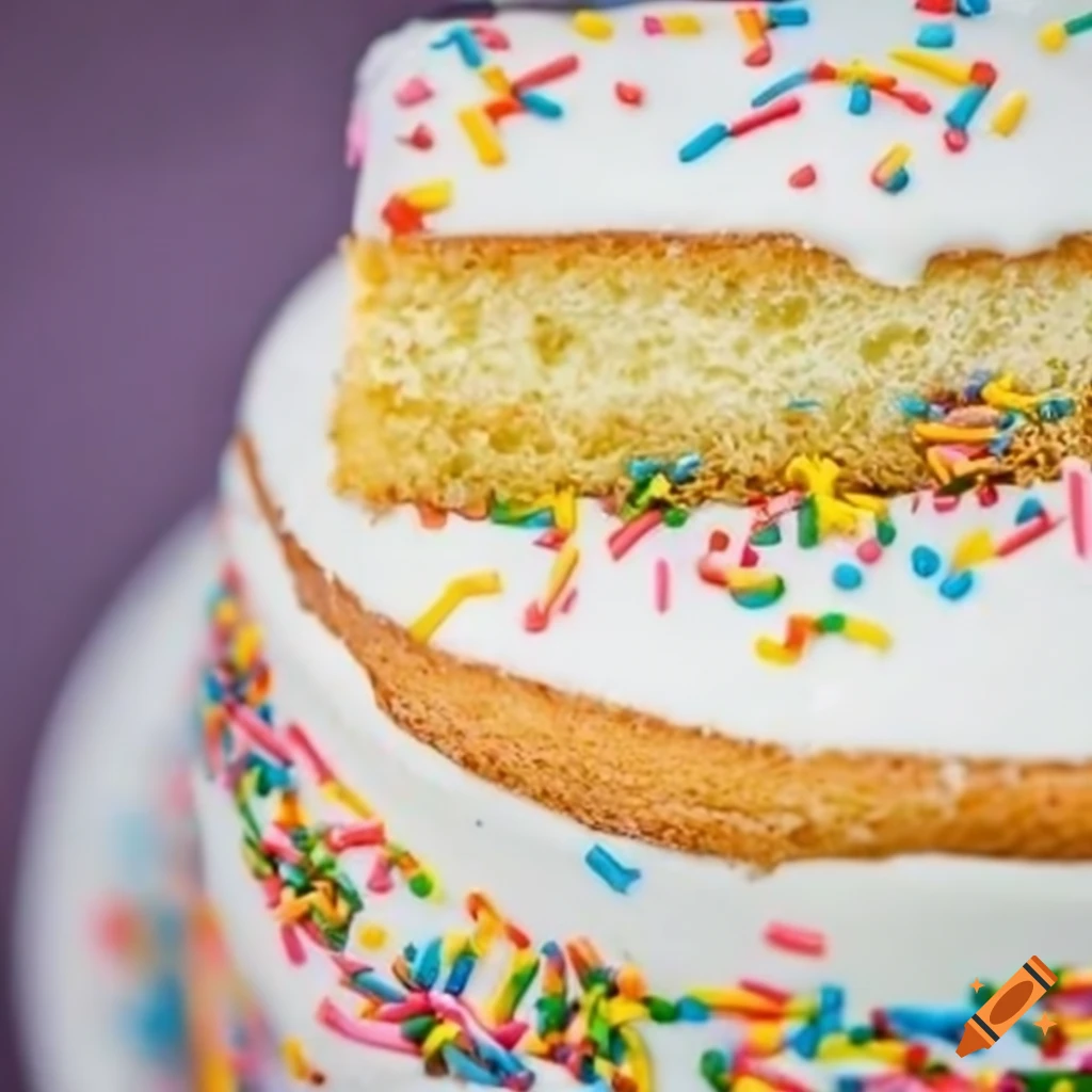 Vanilla sponge cake with white icing and sprinkles on Craiyon