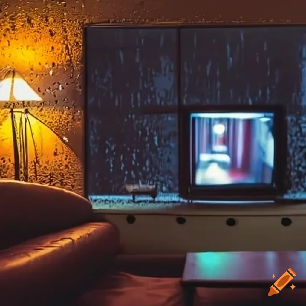 Perspective of a motel couch with tv in front during a rainy night on ...