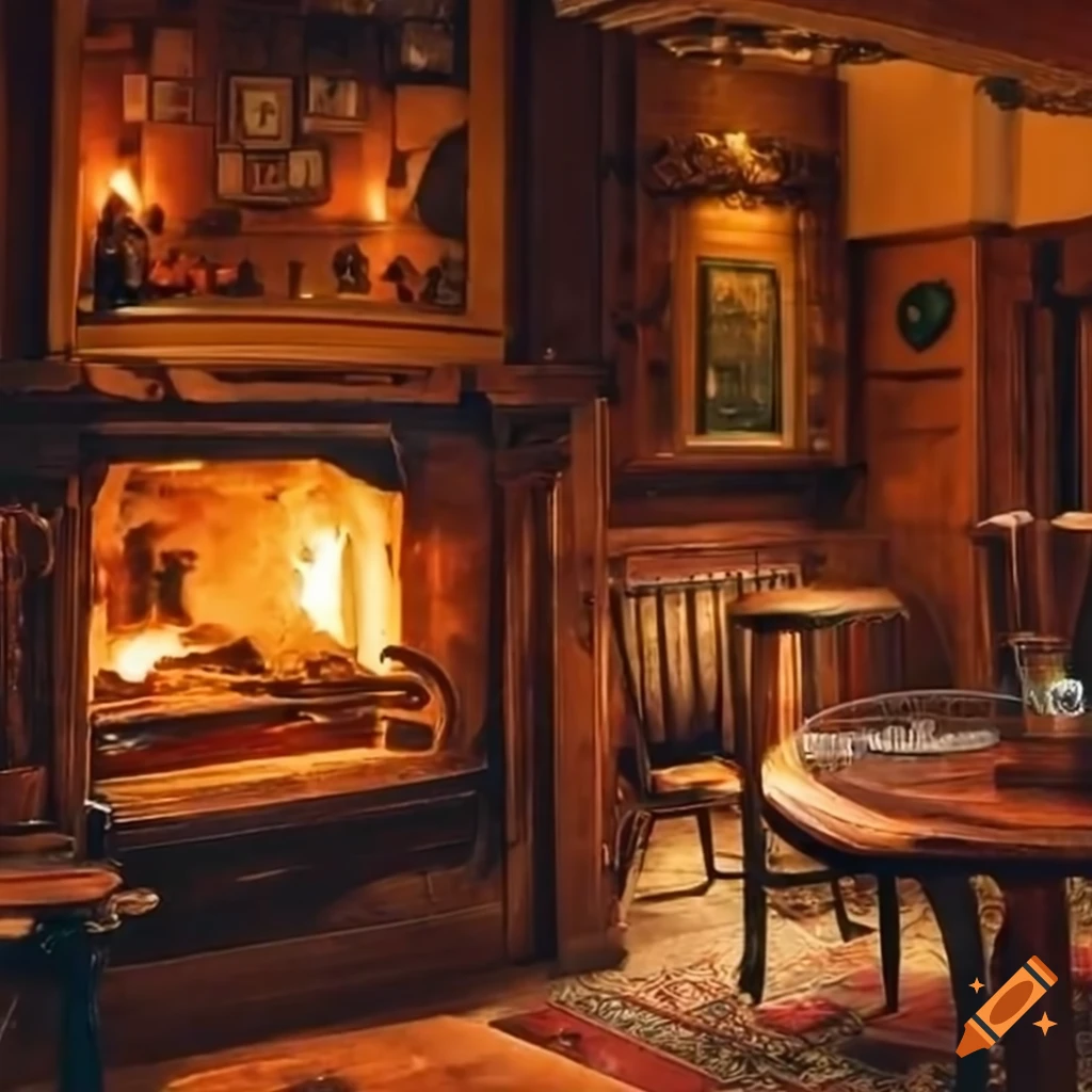 Inviting traditional pub with cozy fireplace and beer selection on Craiyon