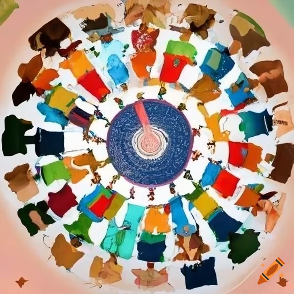 Unity in diversity represented by swirling shapes around a central ...