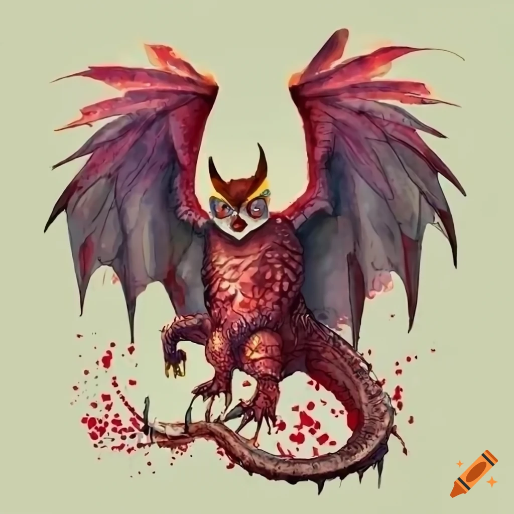 Horrifying blood red horned owl-dragon hybrid in watercolor style on ...