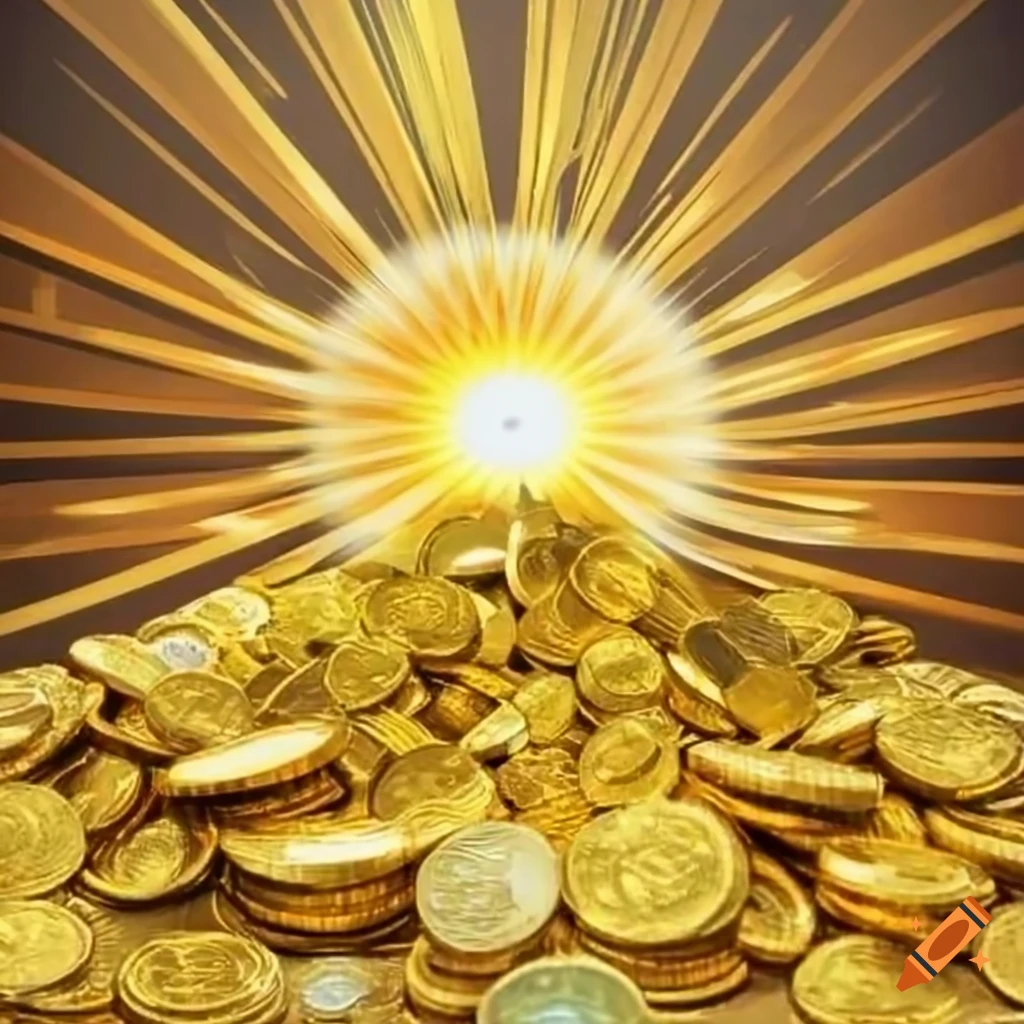 Golden sun rising over piles of gold coins and gems on a tarot card on ...