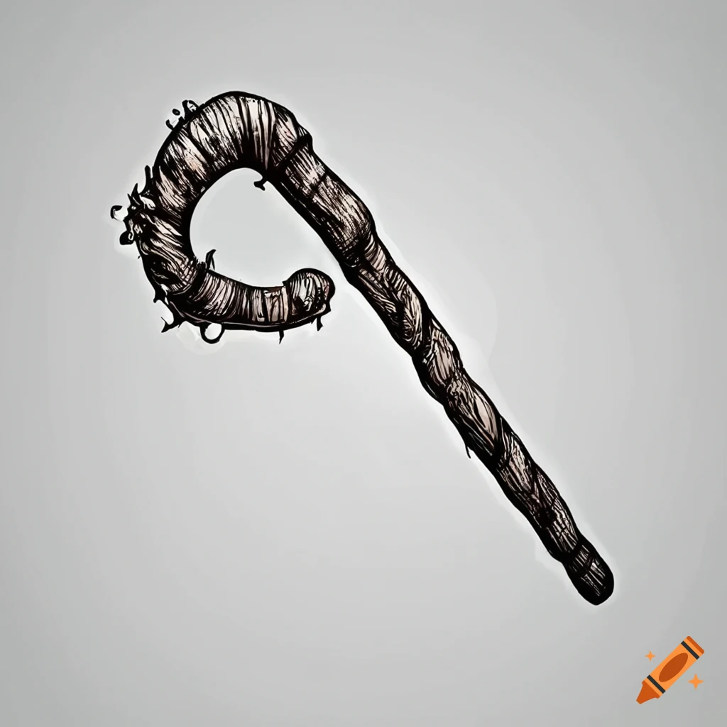 Hand-drawn sketch of a wooden staff in dnd style in black and white on ...