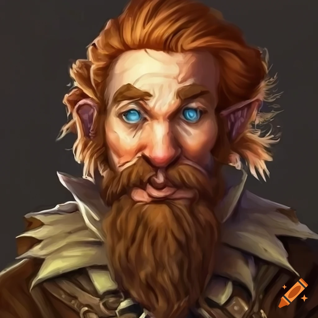 Fearless male gnome with blue eyes and wild hazelnut-brown hair in an ...