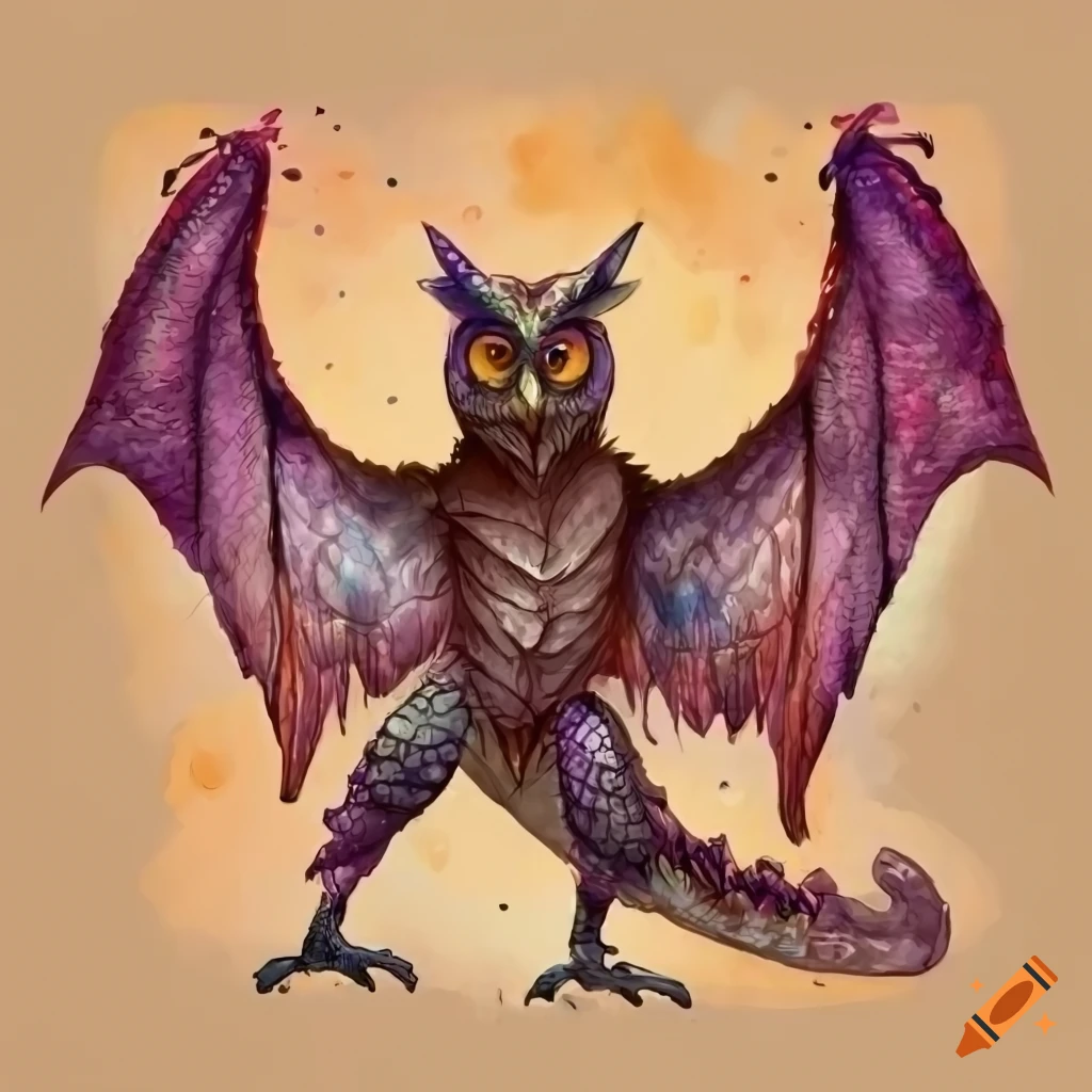 Storybook monster - horned owl and dragon hybrid with wings, claws, and ...