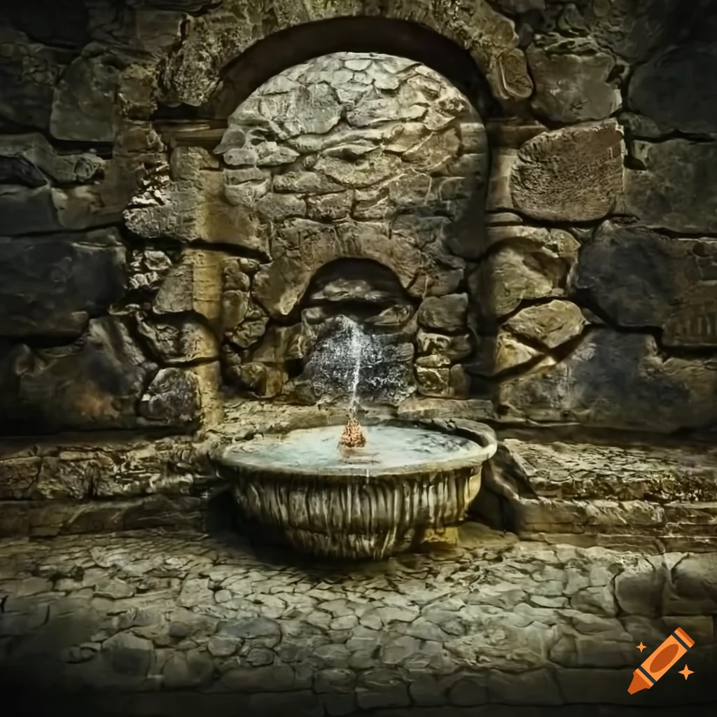 Ornate stone fountain in a dungeon surrounded by stone walls on Craiyon