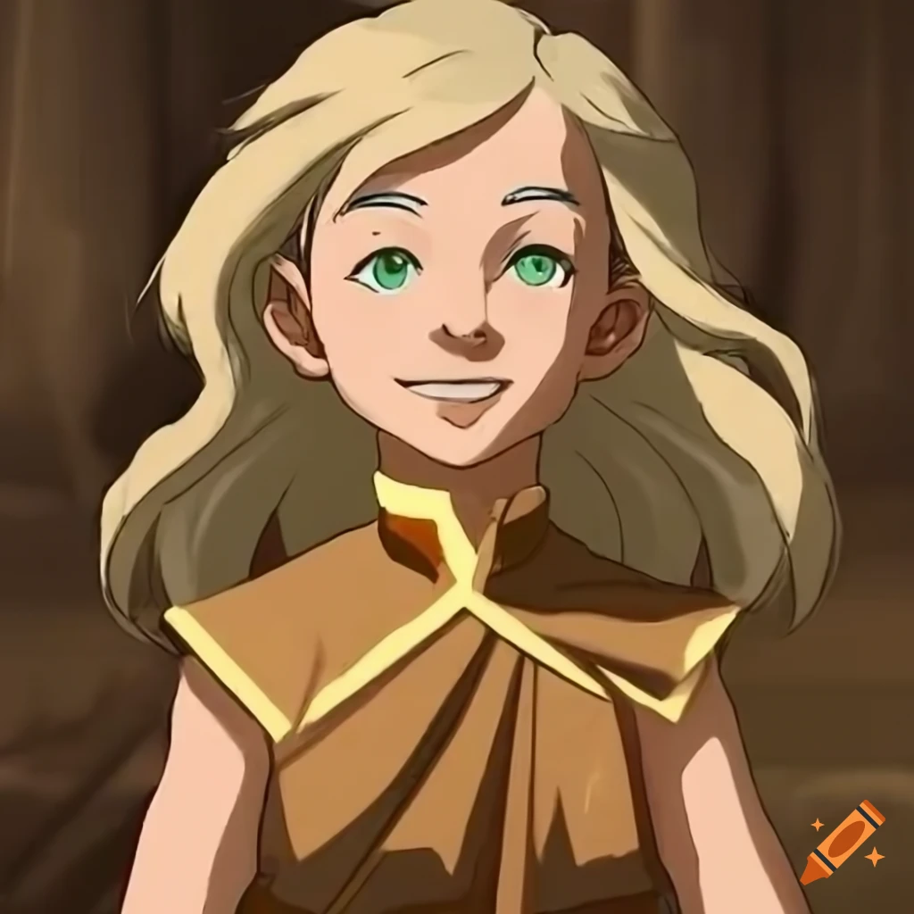 Smiling female airbender with blonde hair and green eyes on Craiyon