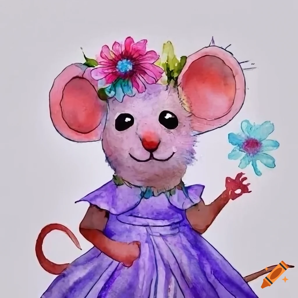 Cute storybook pink mouse made of flower blossoms in a flower field on ...