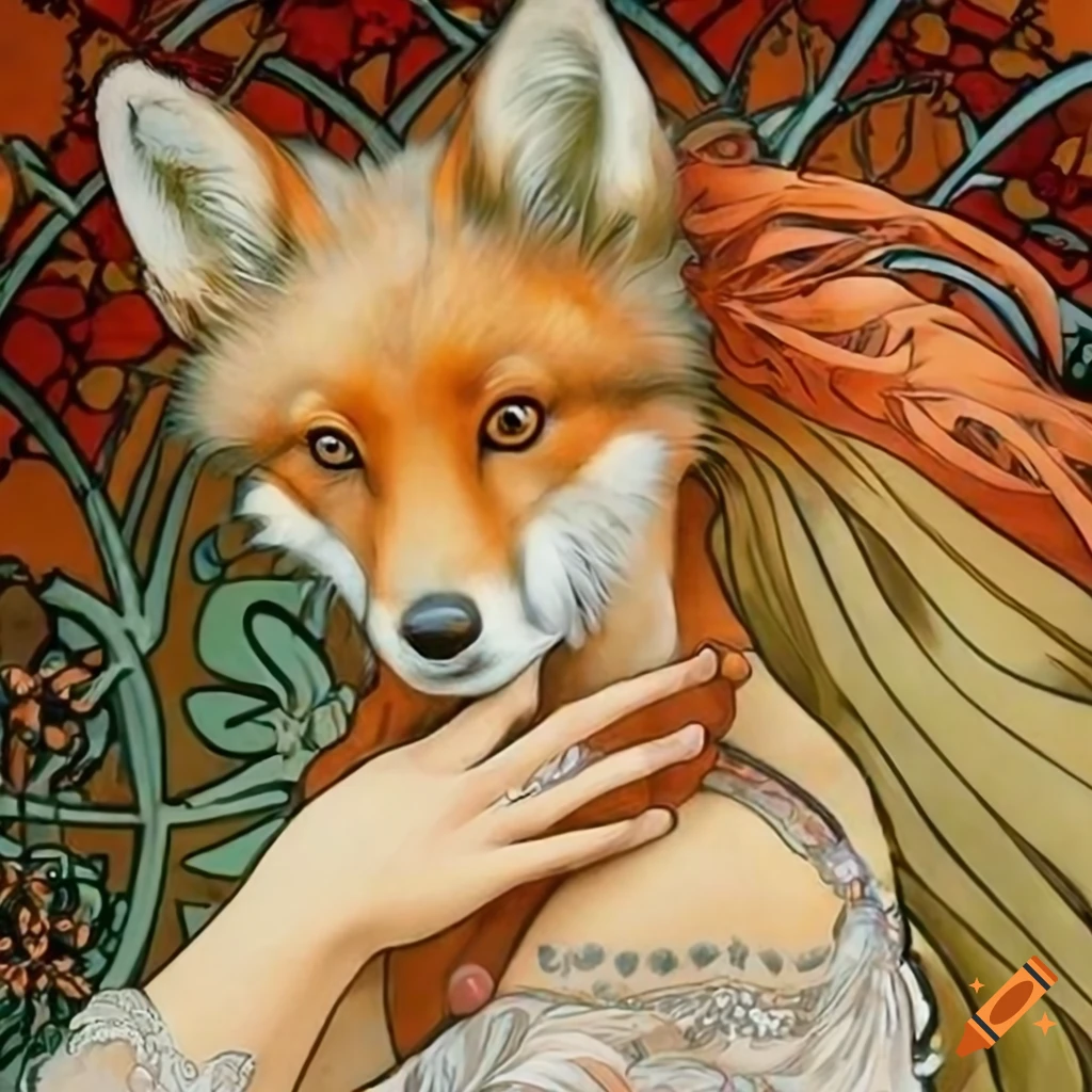 Furry fox animal portrait in 1920s art nouveau style with flowers on ...