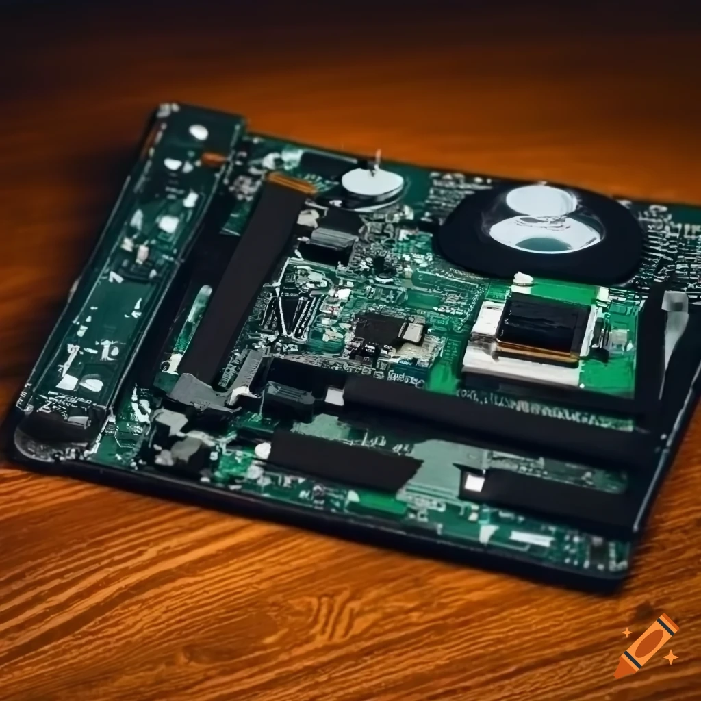 Isometric view of computer parts on a table on Craiyon