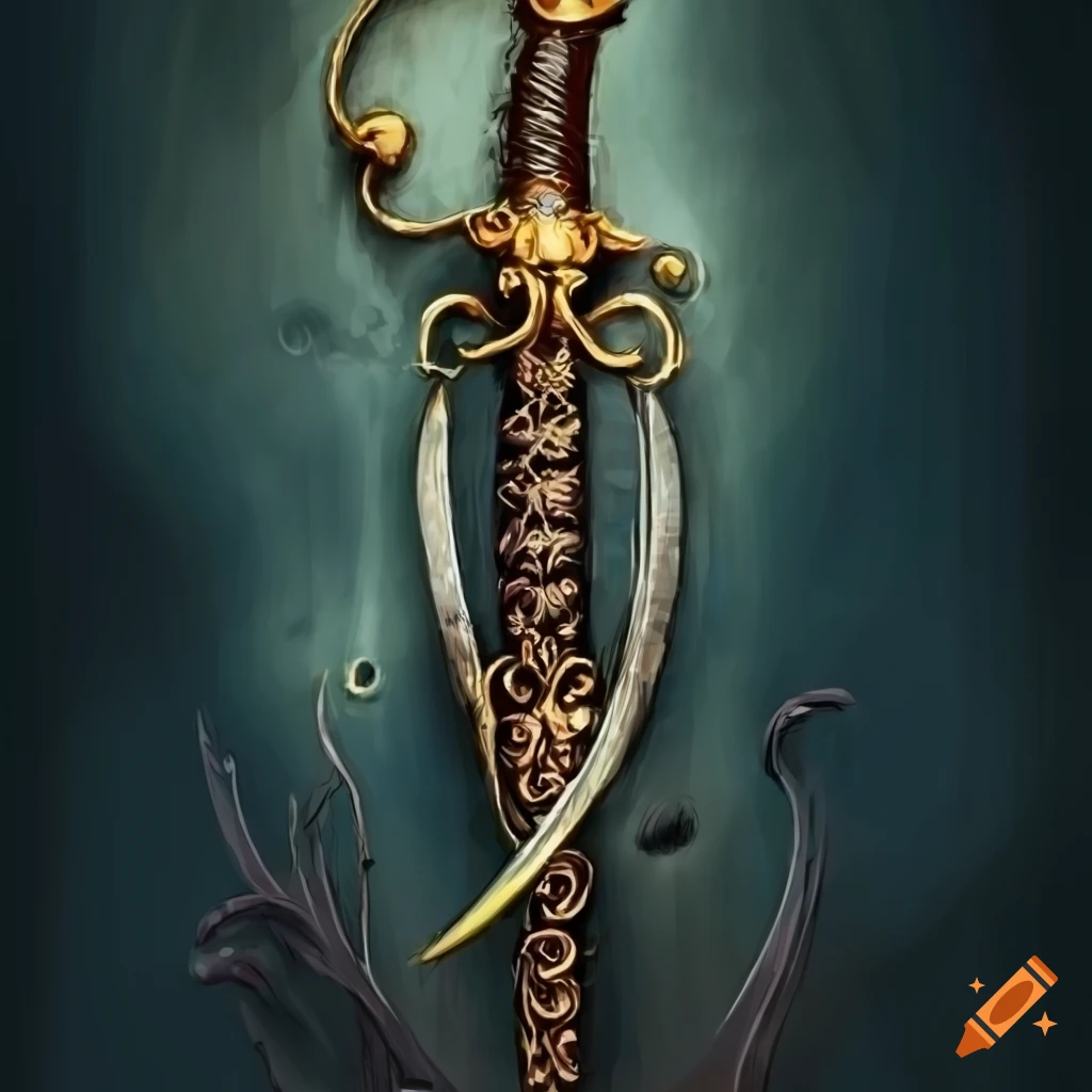 Ornate sabre resting on a table in a fantasy drawing on Craiyon