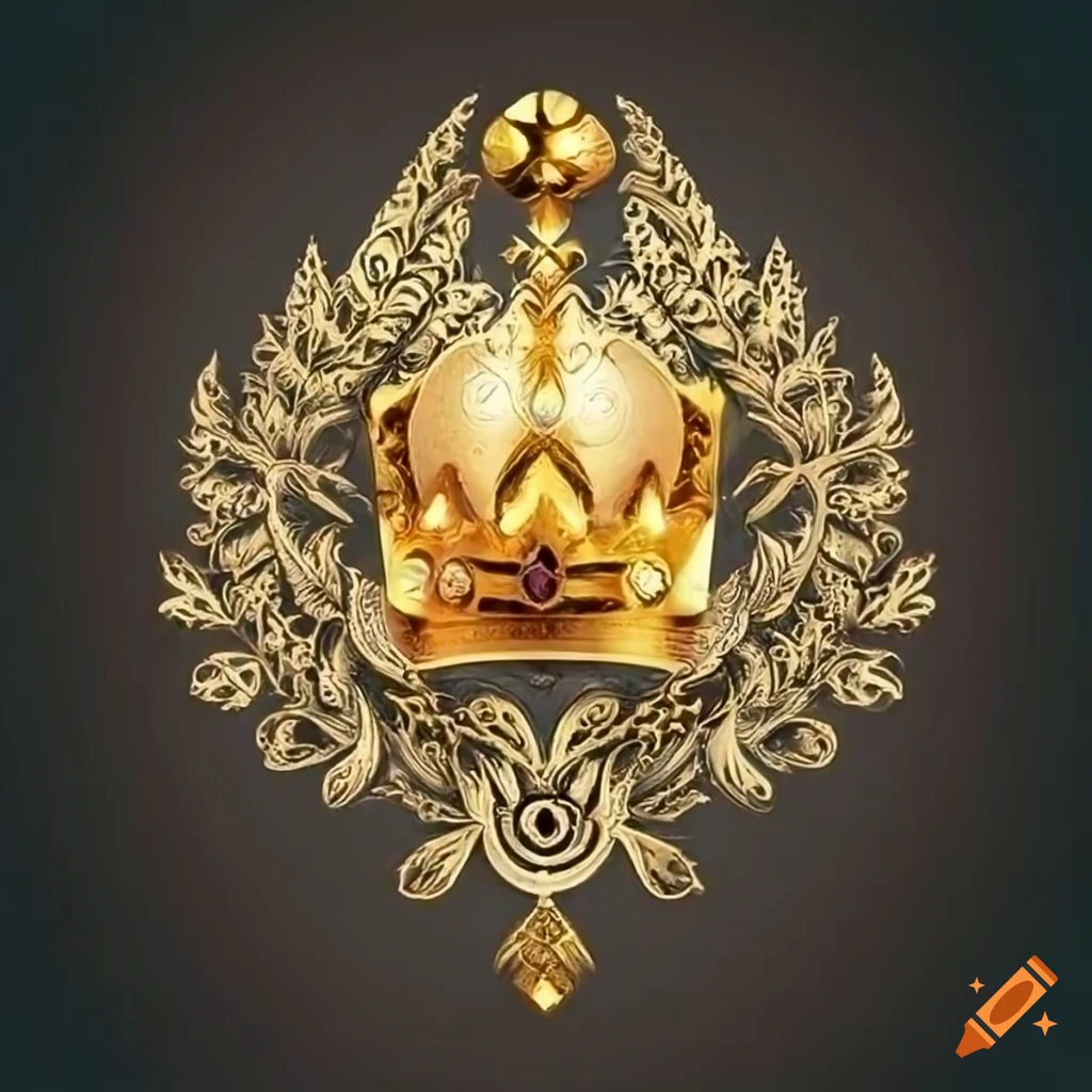Intricately designed regal laurel wreath with golden crown engraving on ...