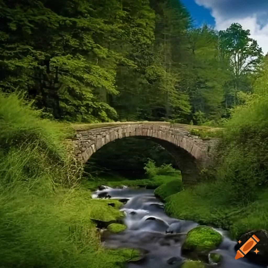 Gothic arch bridge over grassy creek on Craiyon Gothic arch bridge over grassy creek on Craiyon