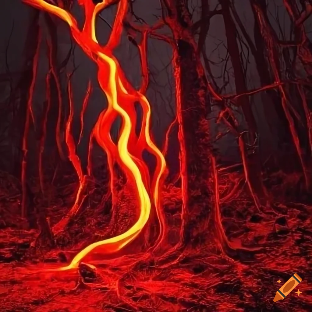 Swirl of leafless trees on a blood red night with orange flames on Craiyon