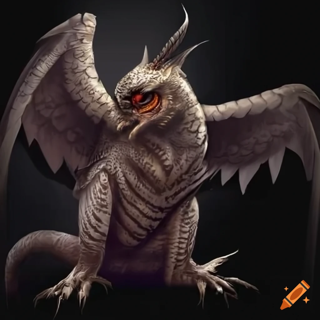 Scary hybrid monster of horned owl and dragon with webbed wings and ...