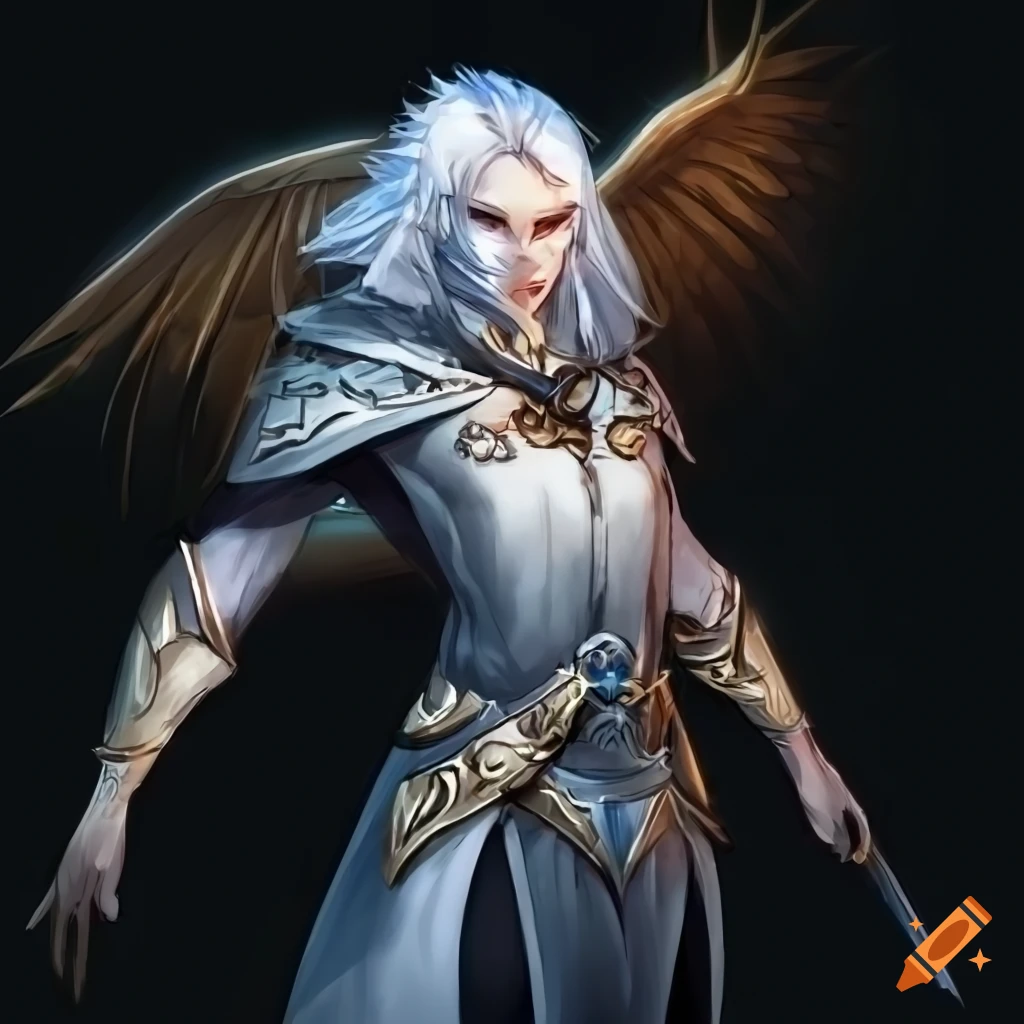 Androgenous aasimar protector with white hair, shield, spear, and ...