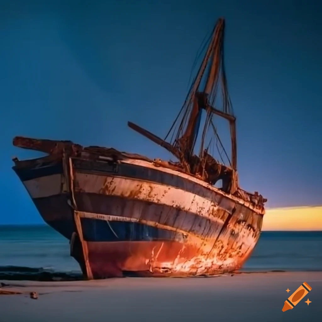 Broken commercial ship on a beach under the moonlight on Craiyon