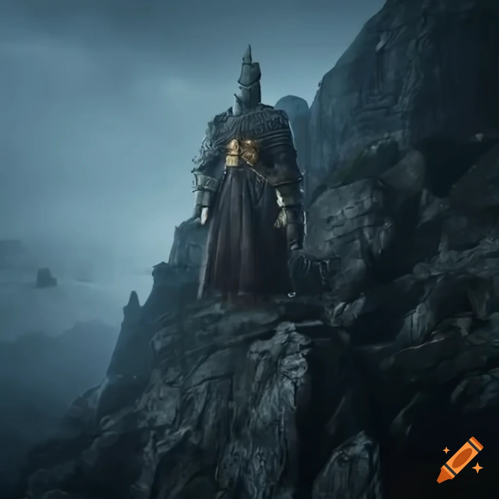 Dark souls templar knight in armor playing a golden tuba on a rocky ...