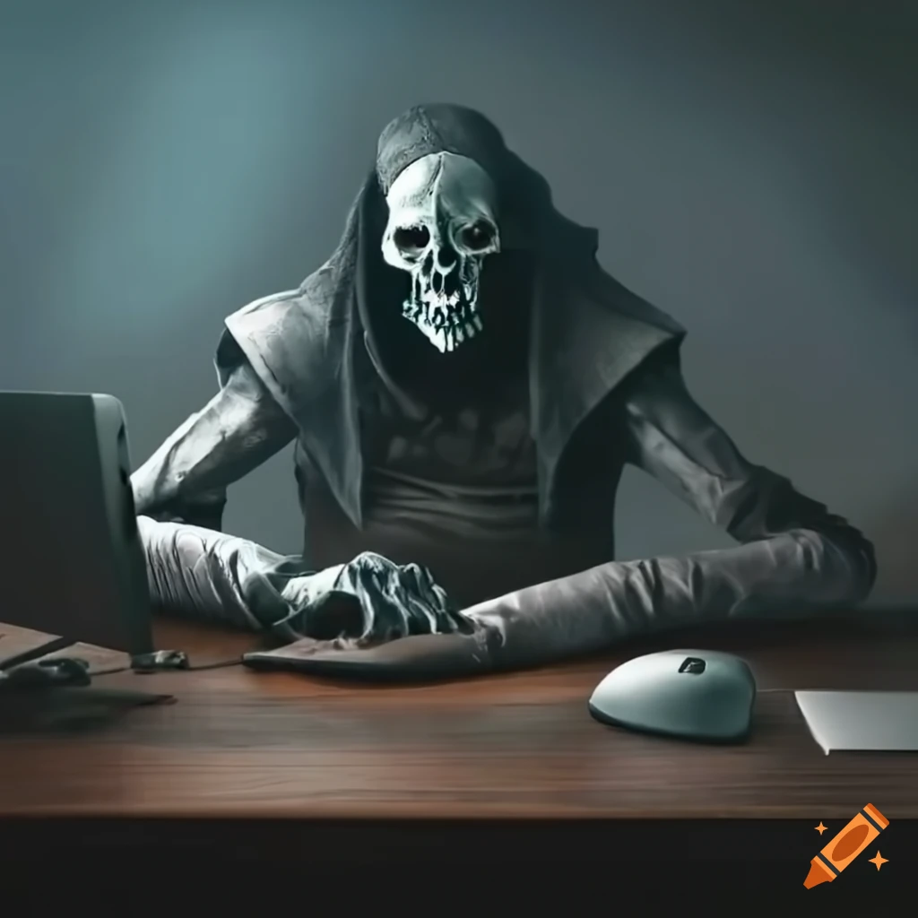 Undead creature using a computer at a desk on Craiyon