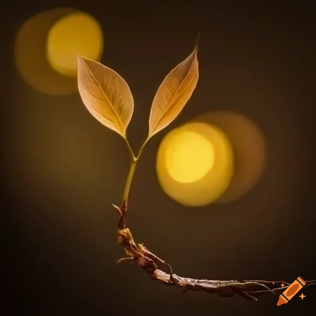 Semilla con luz dorada y tallo con hojas pequeñas on Craiyon