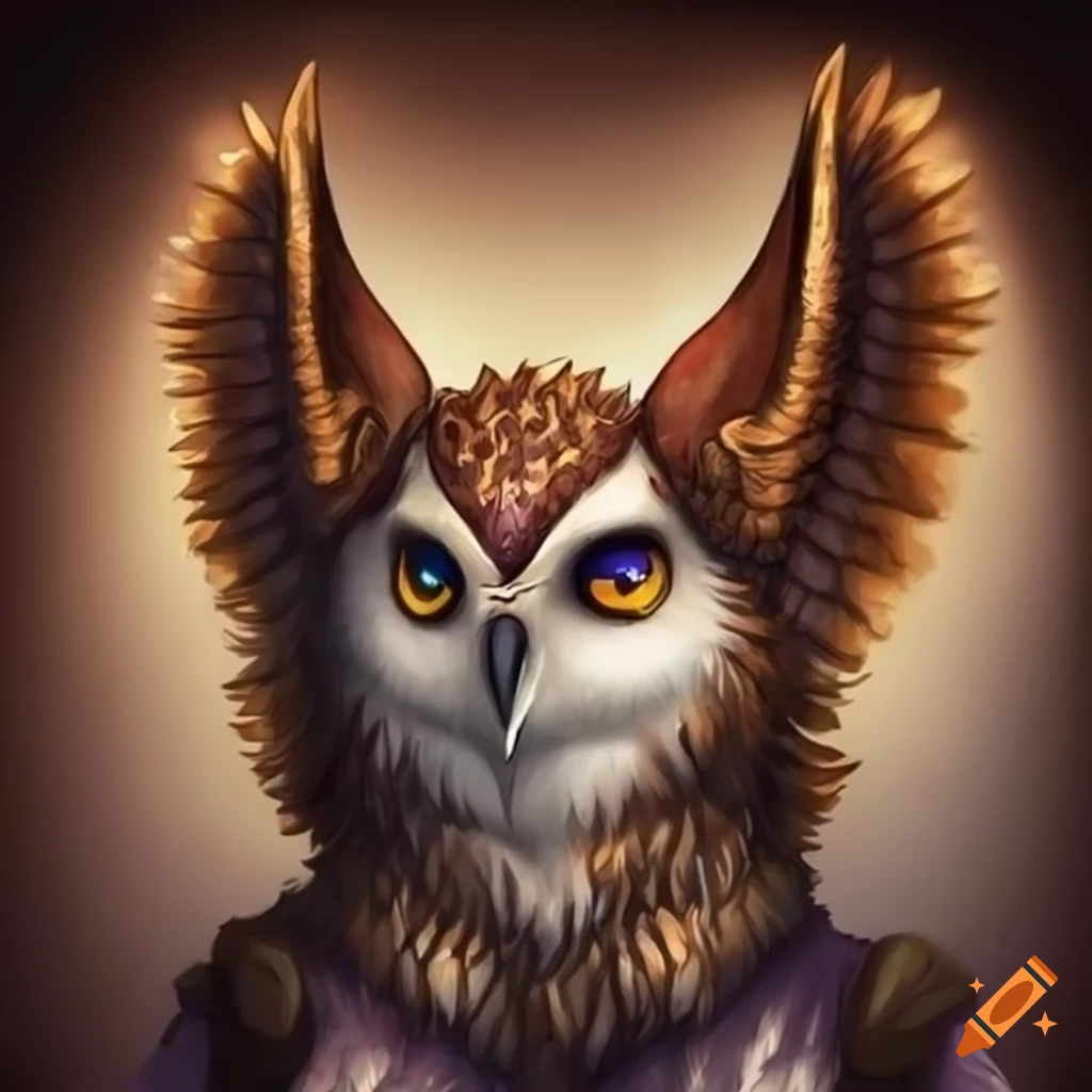 Fantasy anthro owl-like spirit with wing ears on Craiyon