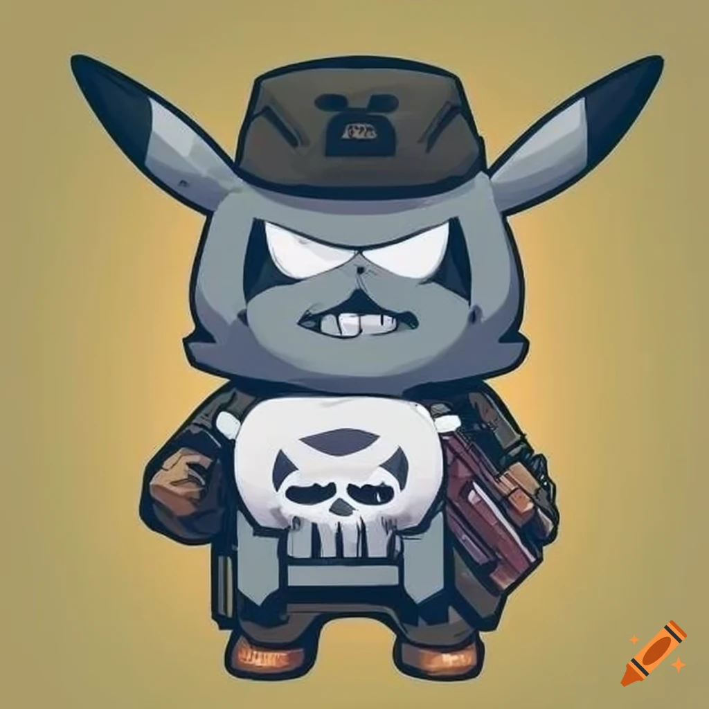 Cute pikachu in punisher outfit with a machine gun, inspired by Pokemon ...