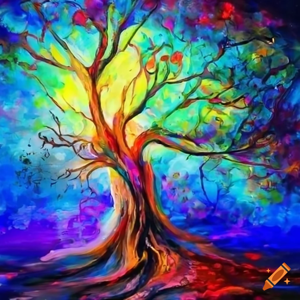 Elemental tree of life draped in fairy lights growing in water with ...