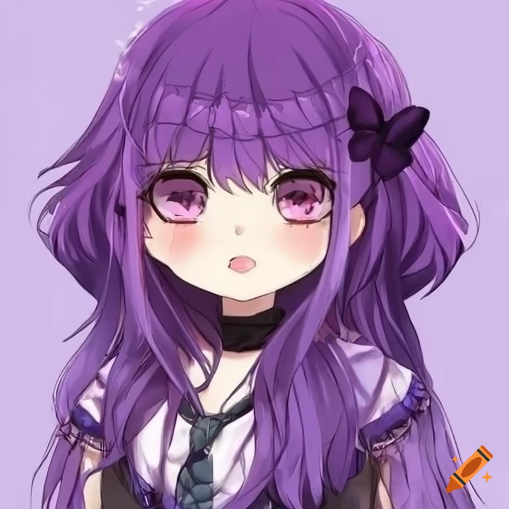 Anime chibi character with light purple hair and dark purple bangs on ...
