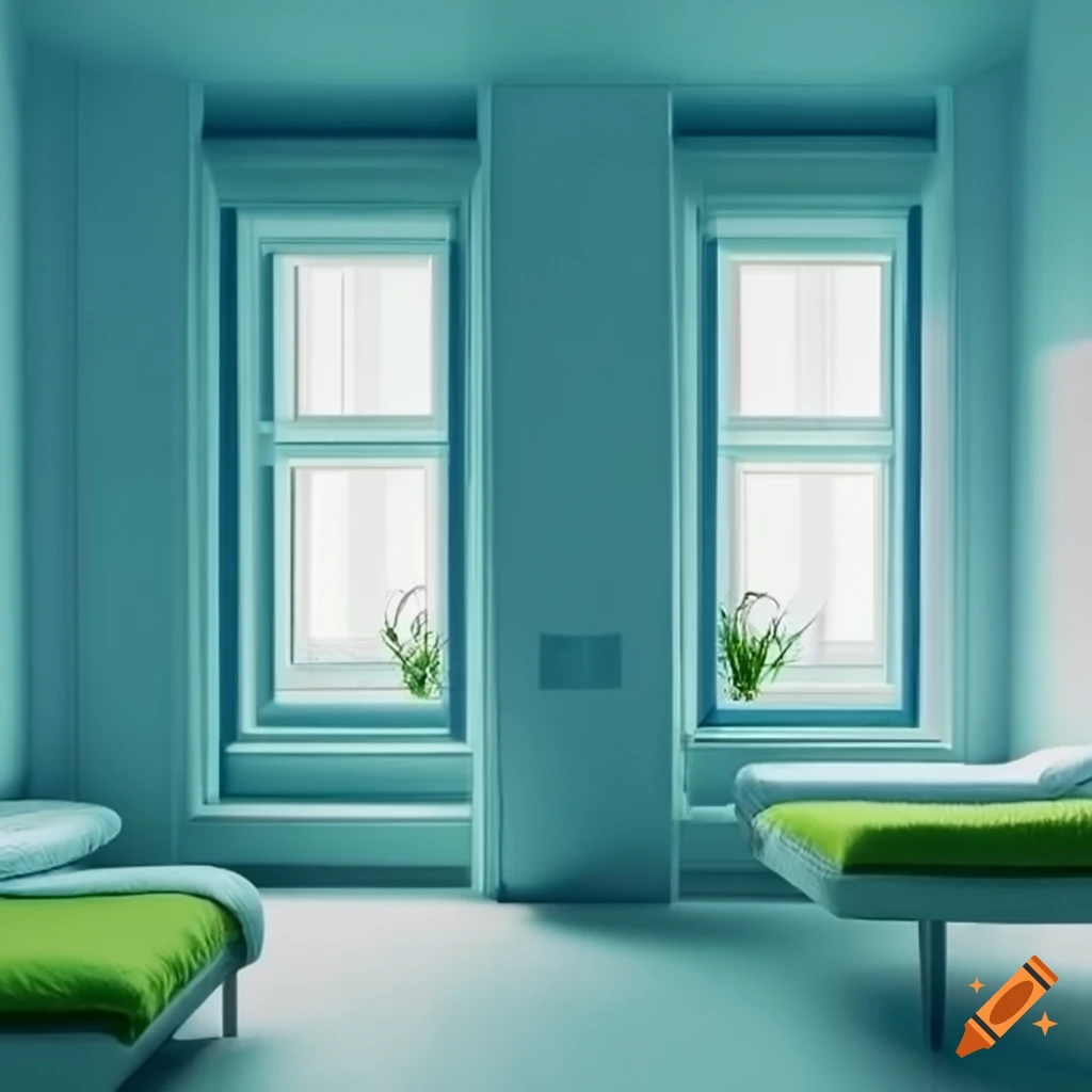 Wide angle view of a minimalistic dorm room in pale sky-blue and grass ...