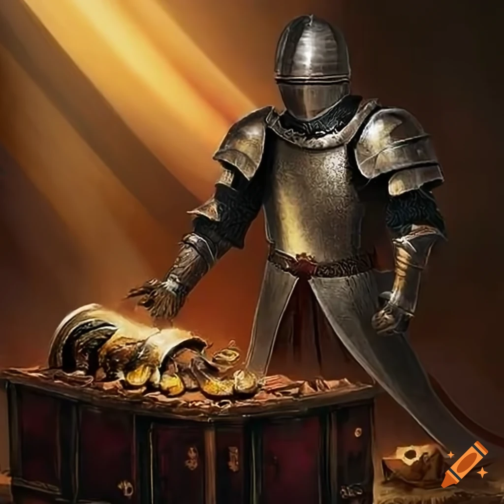 Knight discovering an ancient treasure chest on Craiyon