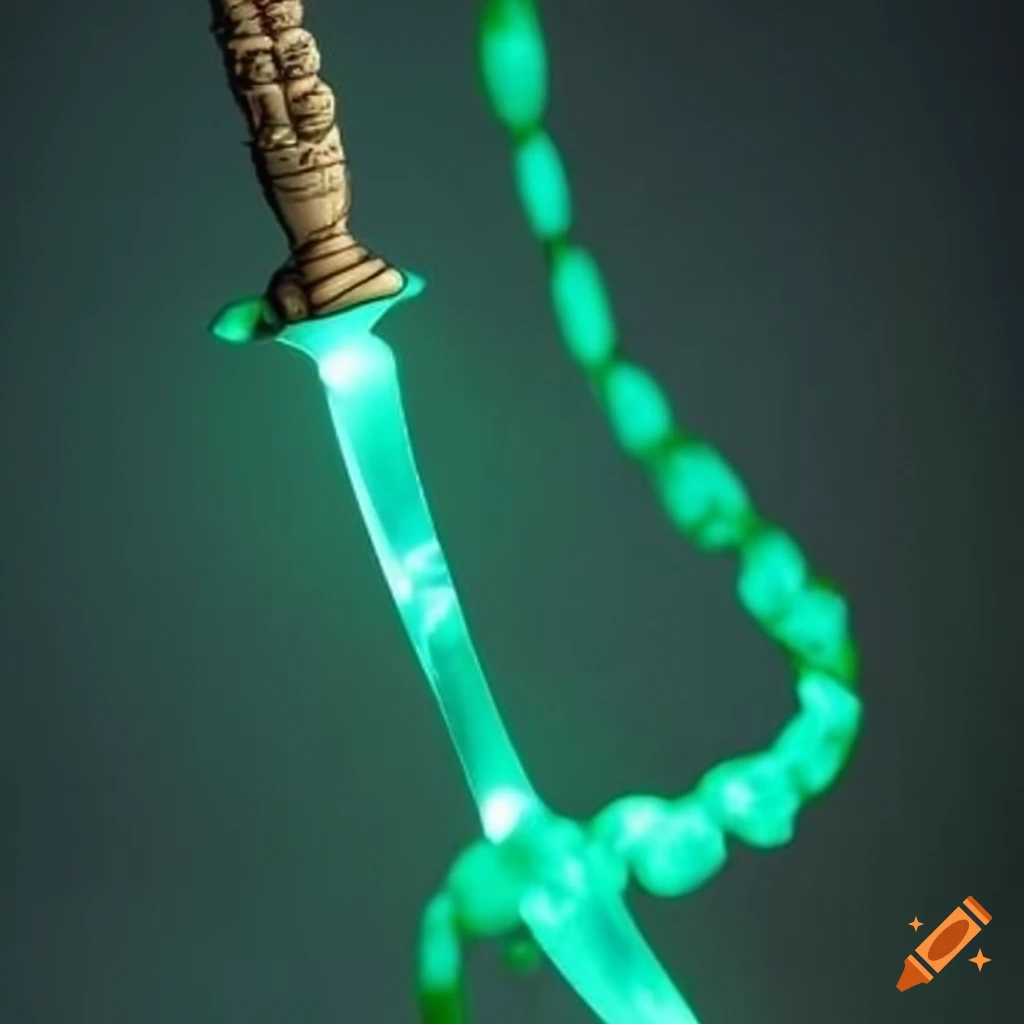 Glowing green dagger with ivory handle against dna structure background ...