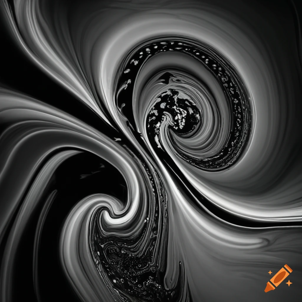 Abstract art with fluid black and white colors and intricate patterns ...