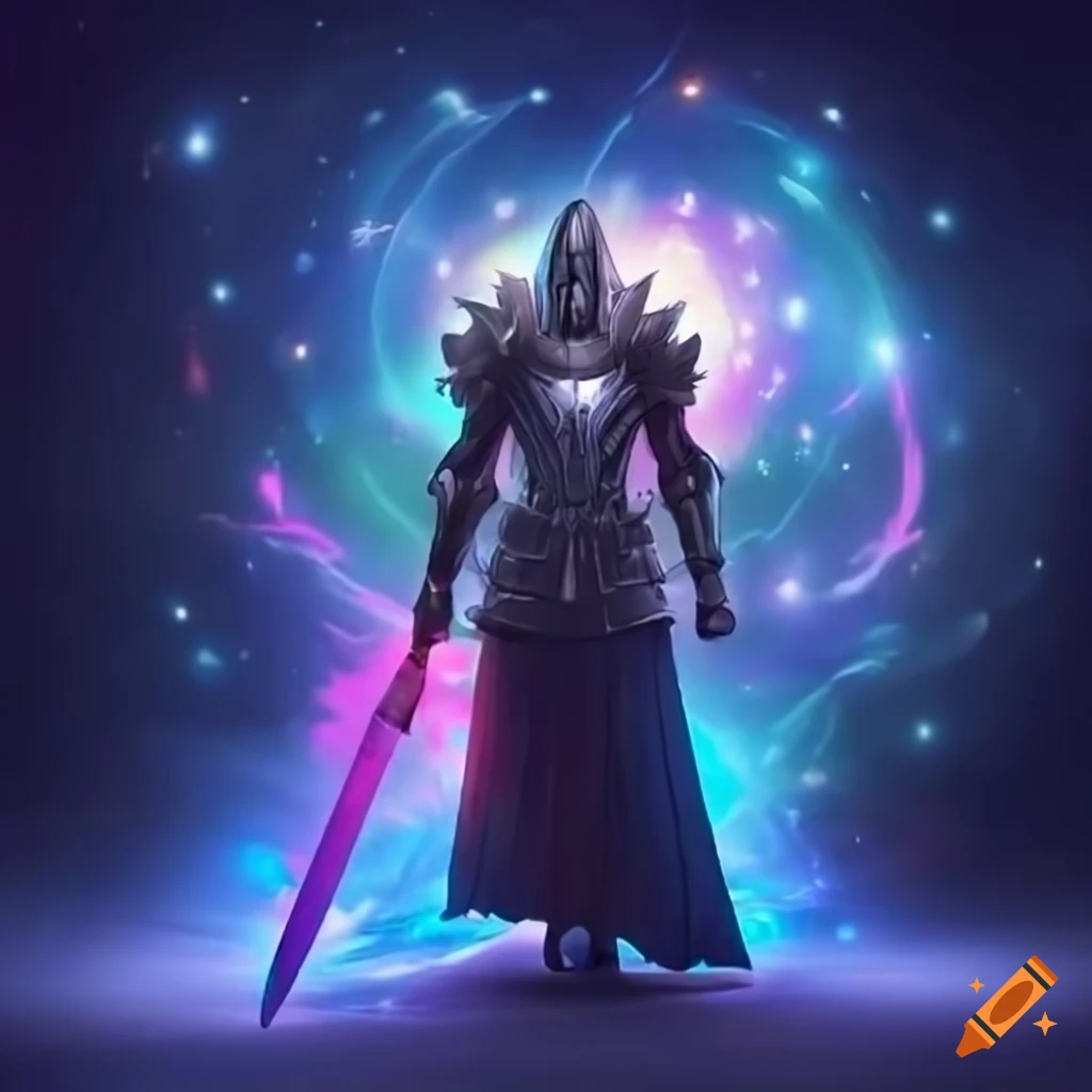 Heroic knight with shimmering magic aura soaring through the sky on Craiyon