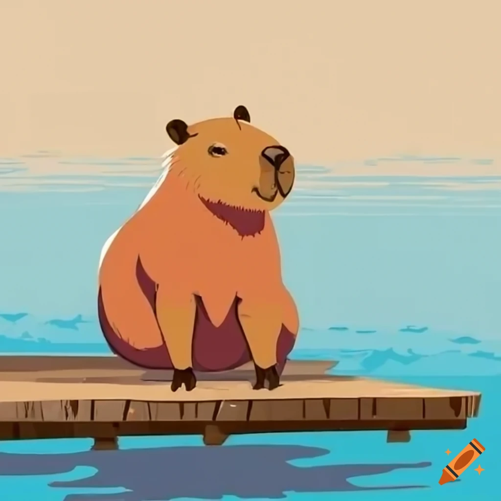 Capybara relaxing on a wooden dock by a tranquil finnish lake on Craiyon