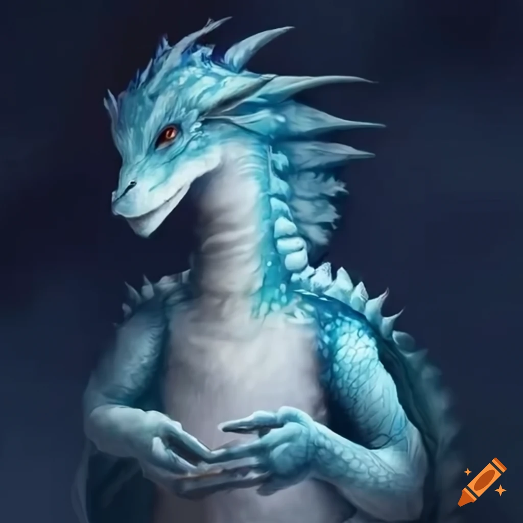 Kind male snow dragon in a woolen coat on Craiyon