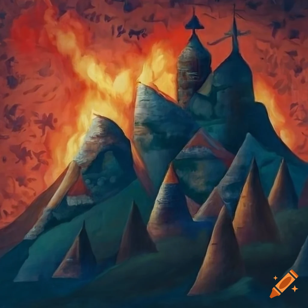Moody medieval style painting of a patchwork fire on a distant mountain ...