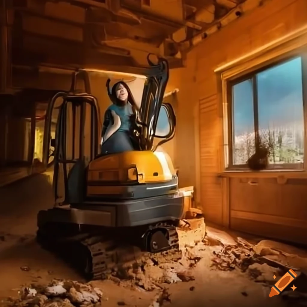 Brunette woman operating an excavator in a house on Craiyon