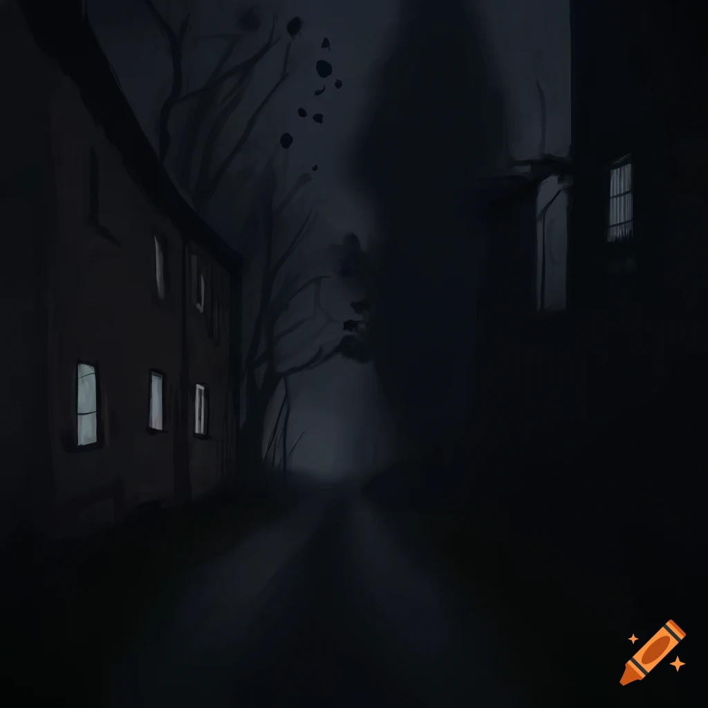 Photorealistic digital illustration of a haunting alleyway at night on ...