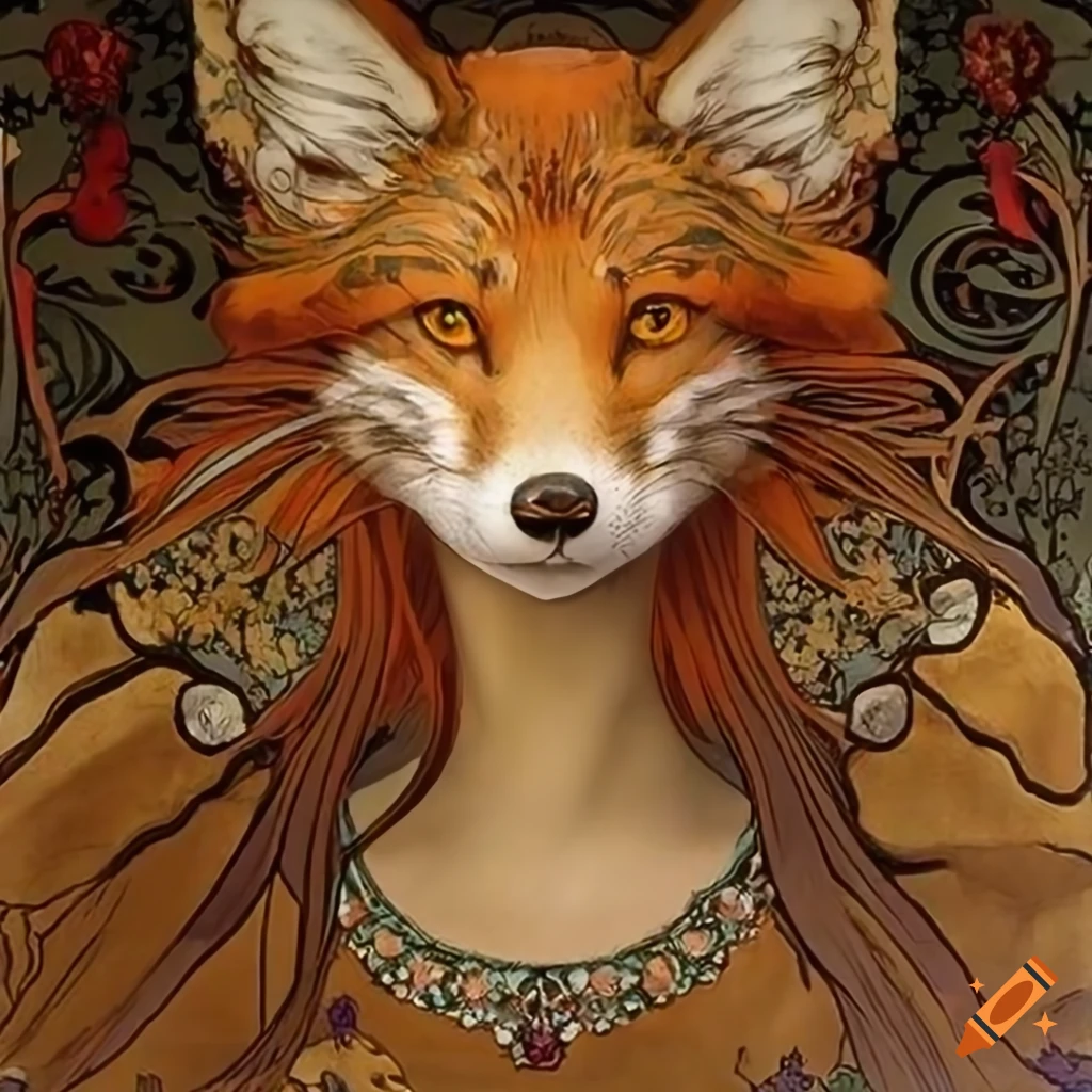Furry fox animal portrait in 1920s art nouveau style with flowers on ...