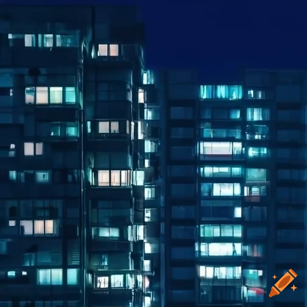 City apartment block at night with lighted windows on Craiyon