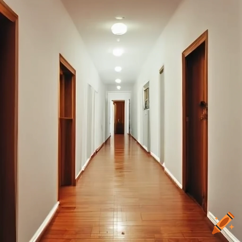 Apartment short and wide hallway exterior with doors on side on Craiyon