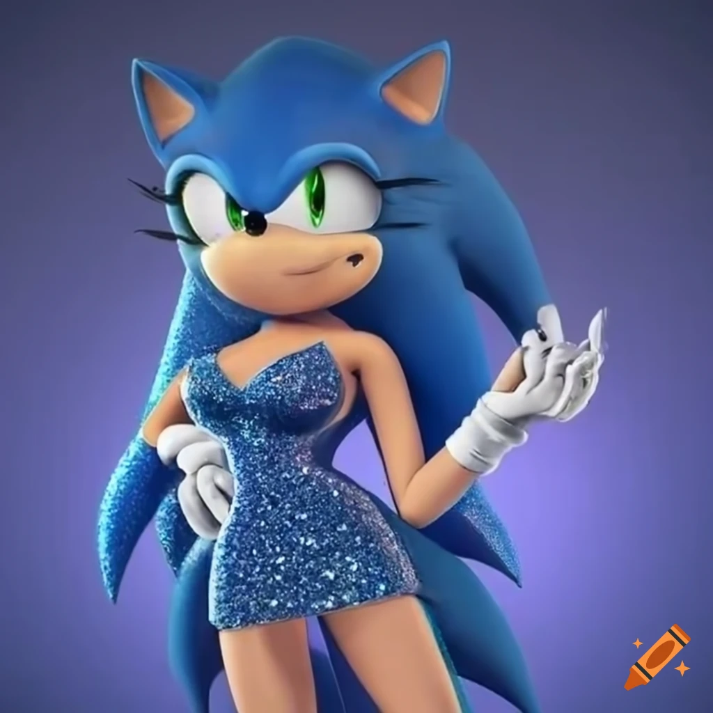 Sonic the hedgehog in sparkly blue dress admiring reflection on Craiyon