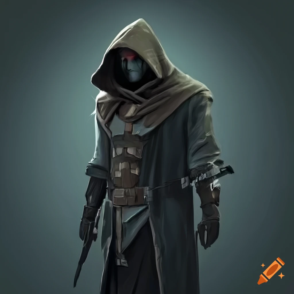 Mysterious male rogue with hood and shadows, facing left on Craiyon