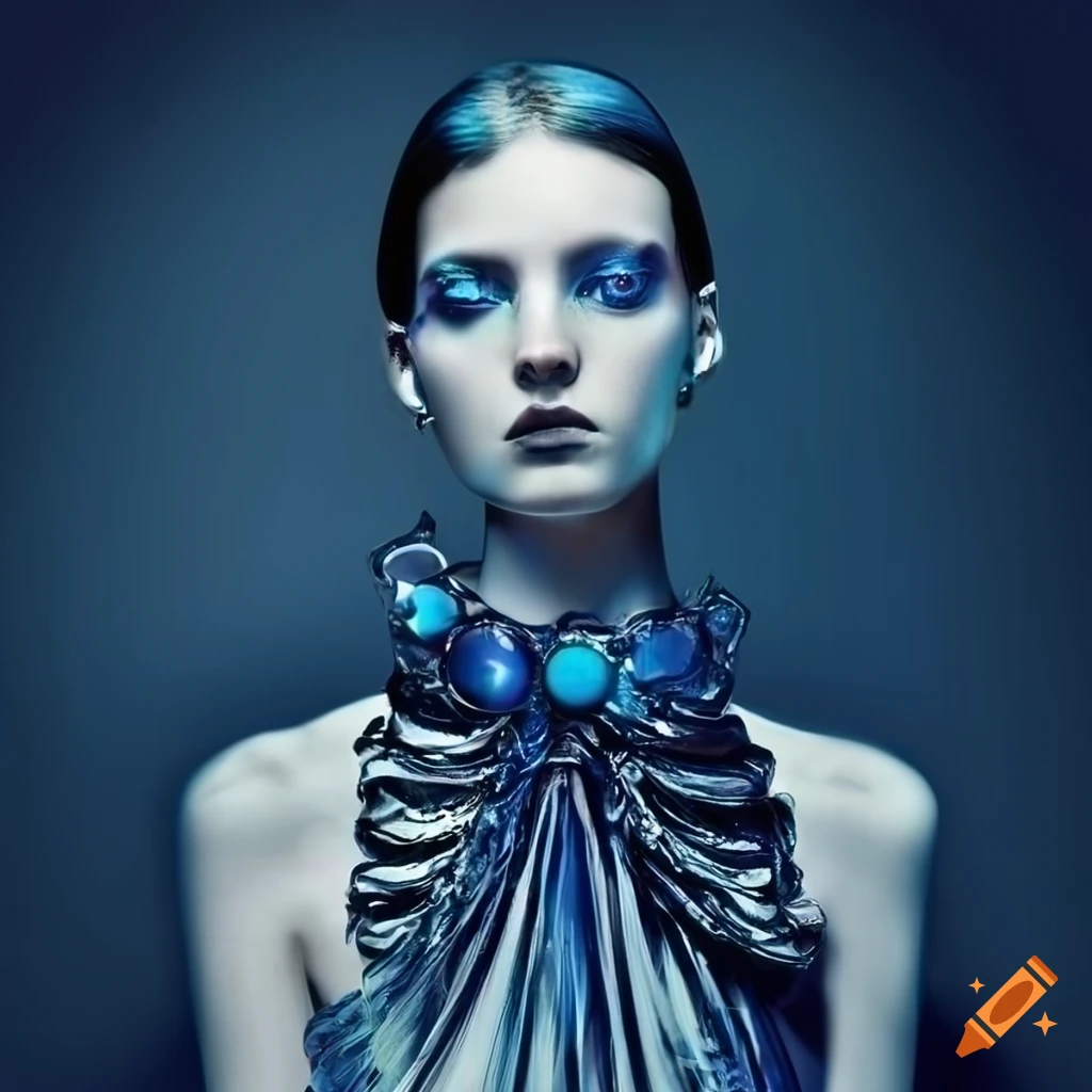 Close-up of high-end fashion accessories with blue and opalescent hues ...