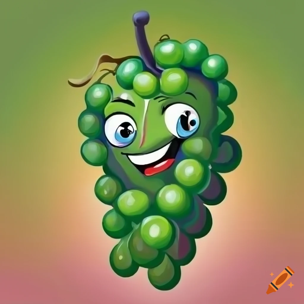 Cartoon green grape character with lively body language on Craiyon
