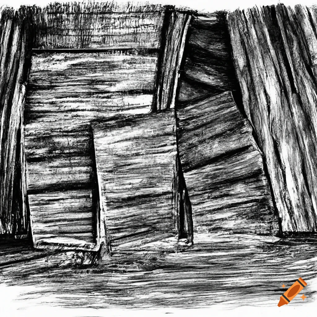 Interior of old wooden planks pile in a charcoal drawing on Craiyon
