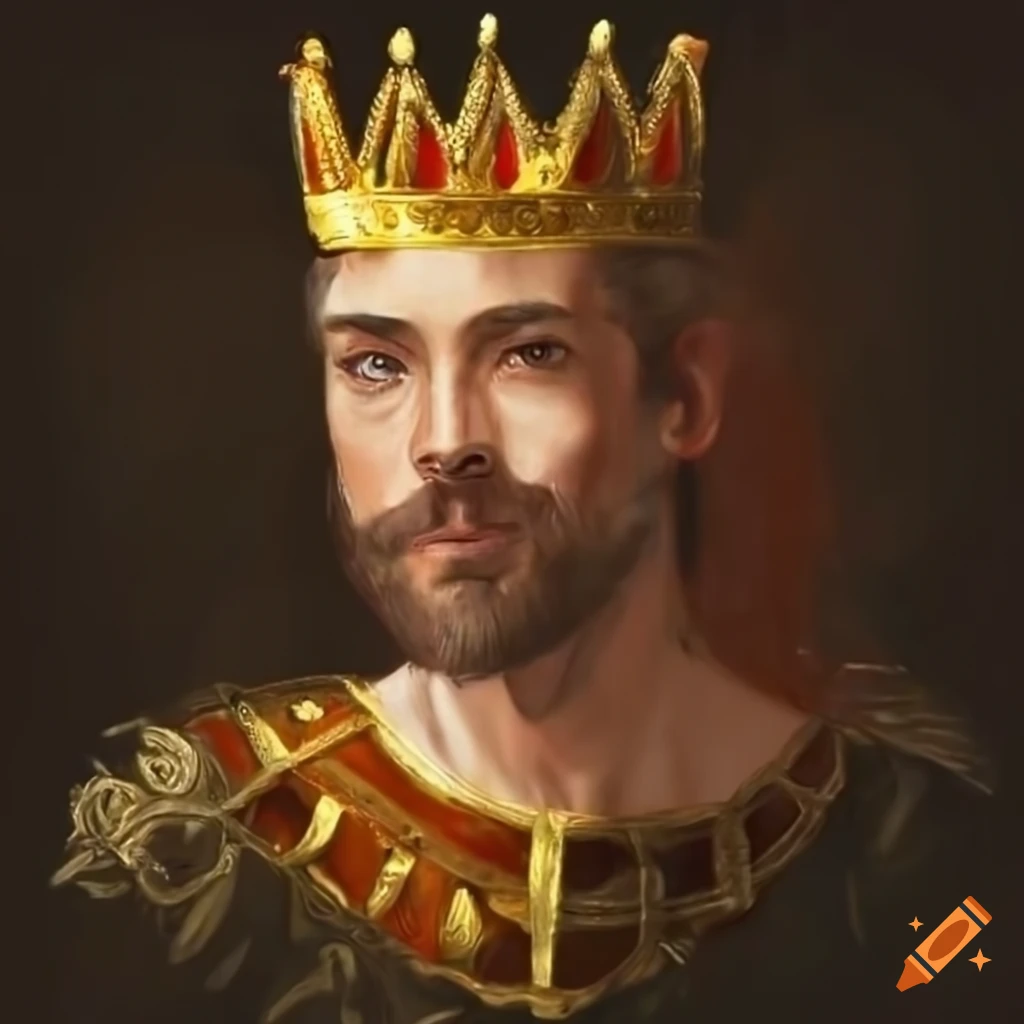 Portrait of a handsome king wearing a pure gold medieval crown on Craiyon