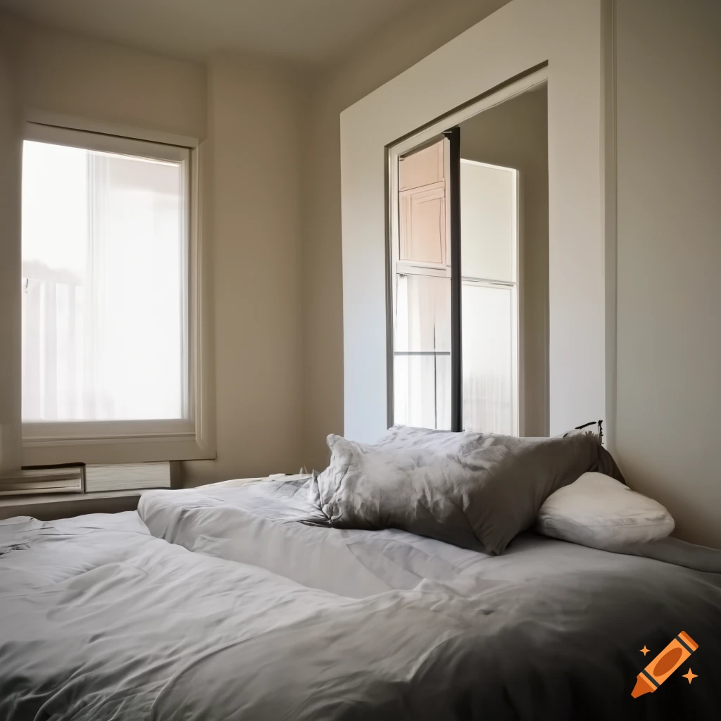 American modern bedroom with a view from the bed towards the door on ...