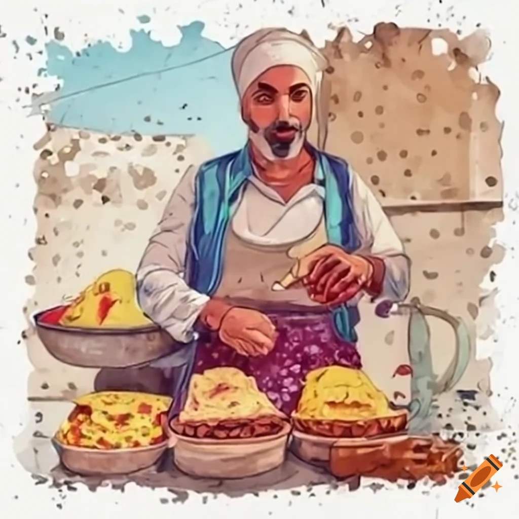 Palestinian street market with a vendor preparing traditional dishes ...