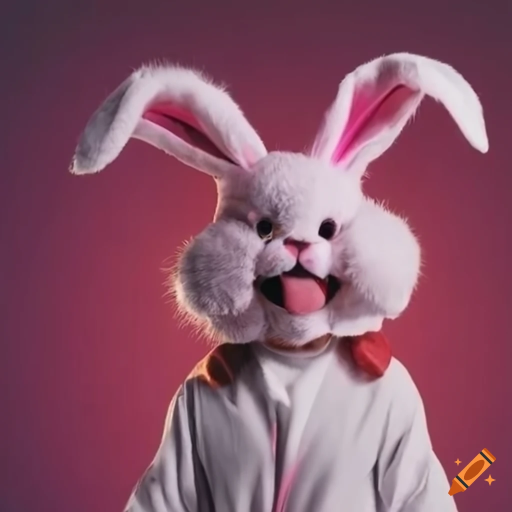 Rabbit costume mascot from the 90s vhs on Craiyon